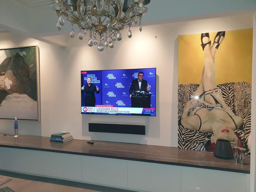 LG 65" OLED GX Model and Soundbar, Wall Mounted on Gyprock over ...